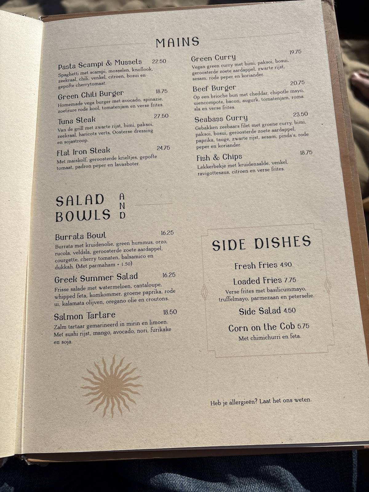 Menu at Hippie Fish, Zandvoort