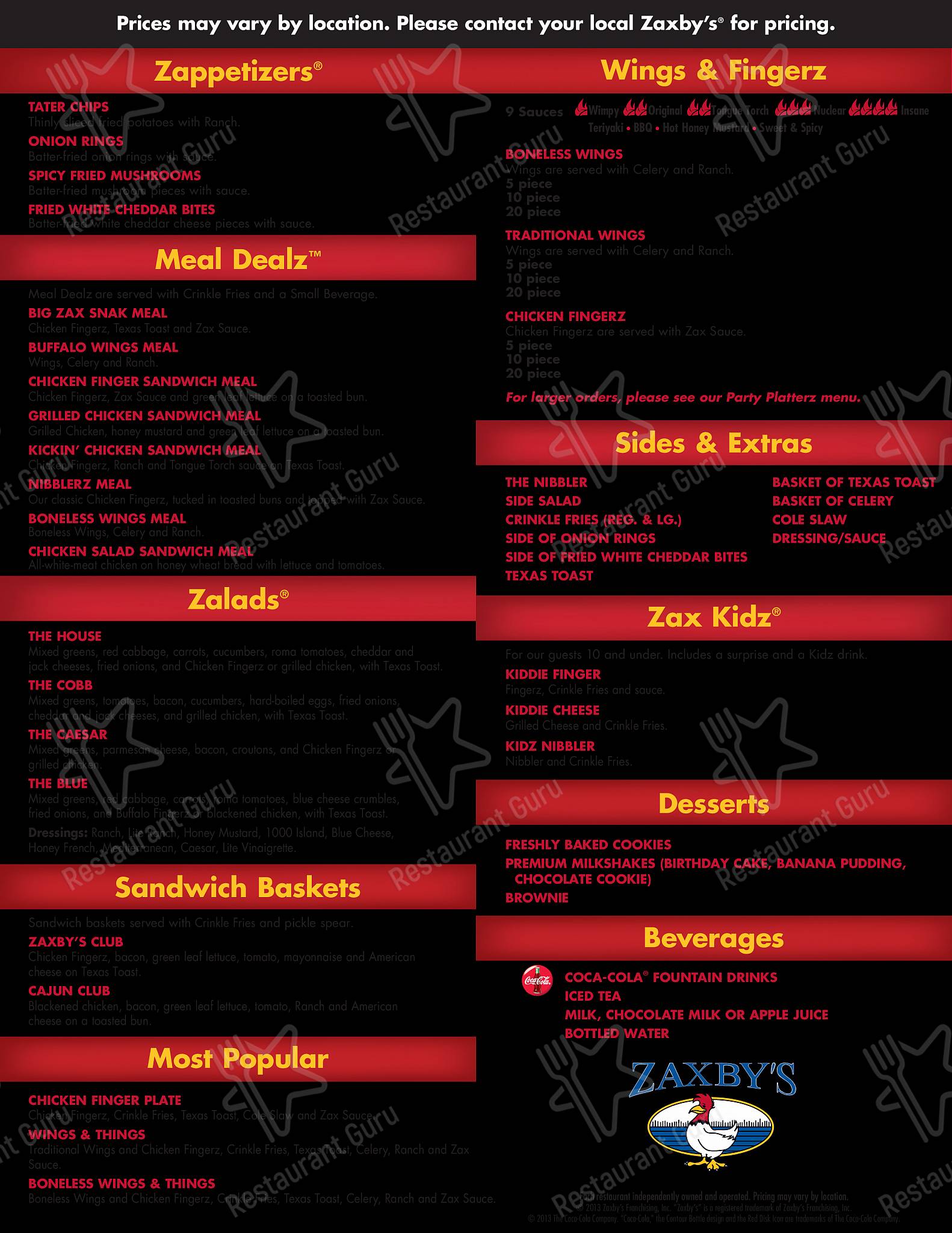Menu at Zaxby's Chicken Fingers & Buffalo Wings fast food, Bartow