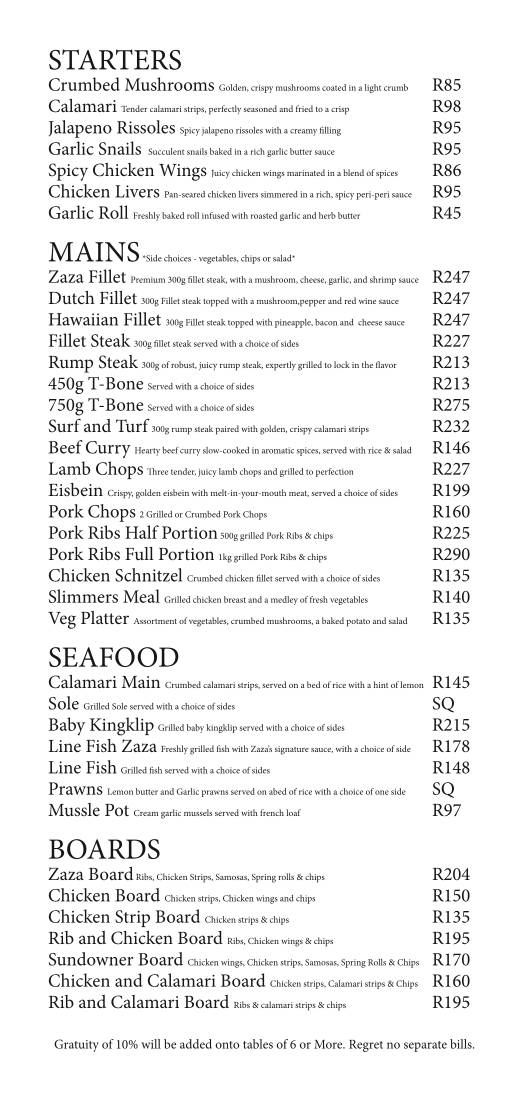 Menu at Zaza Beach Club, East London