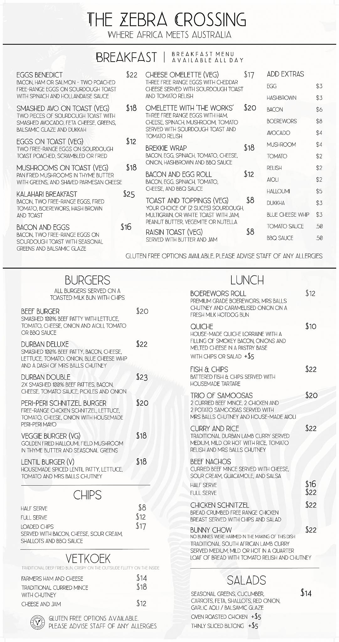 Menu at Zebra crossing - where Africa meets Australia cafe, Mountain Creek