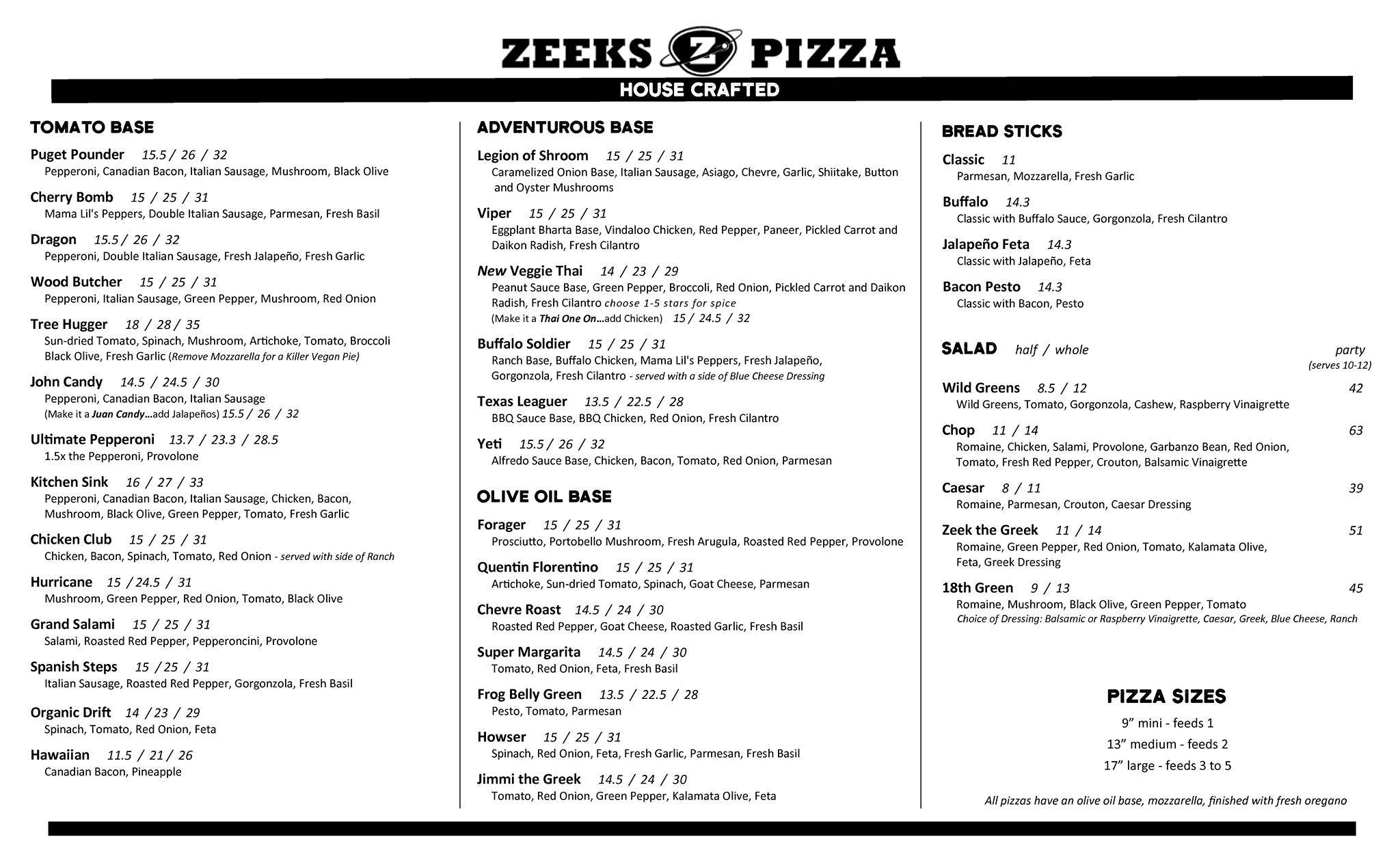 Menu at Zeeks Pizza pizzeria, Kirkland