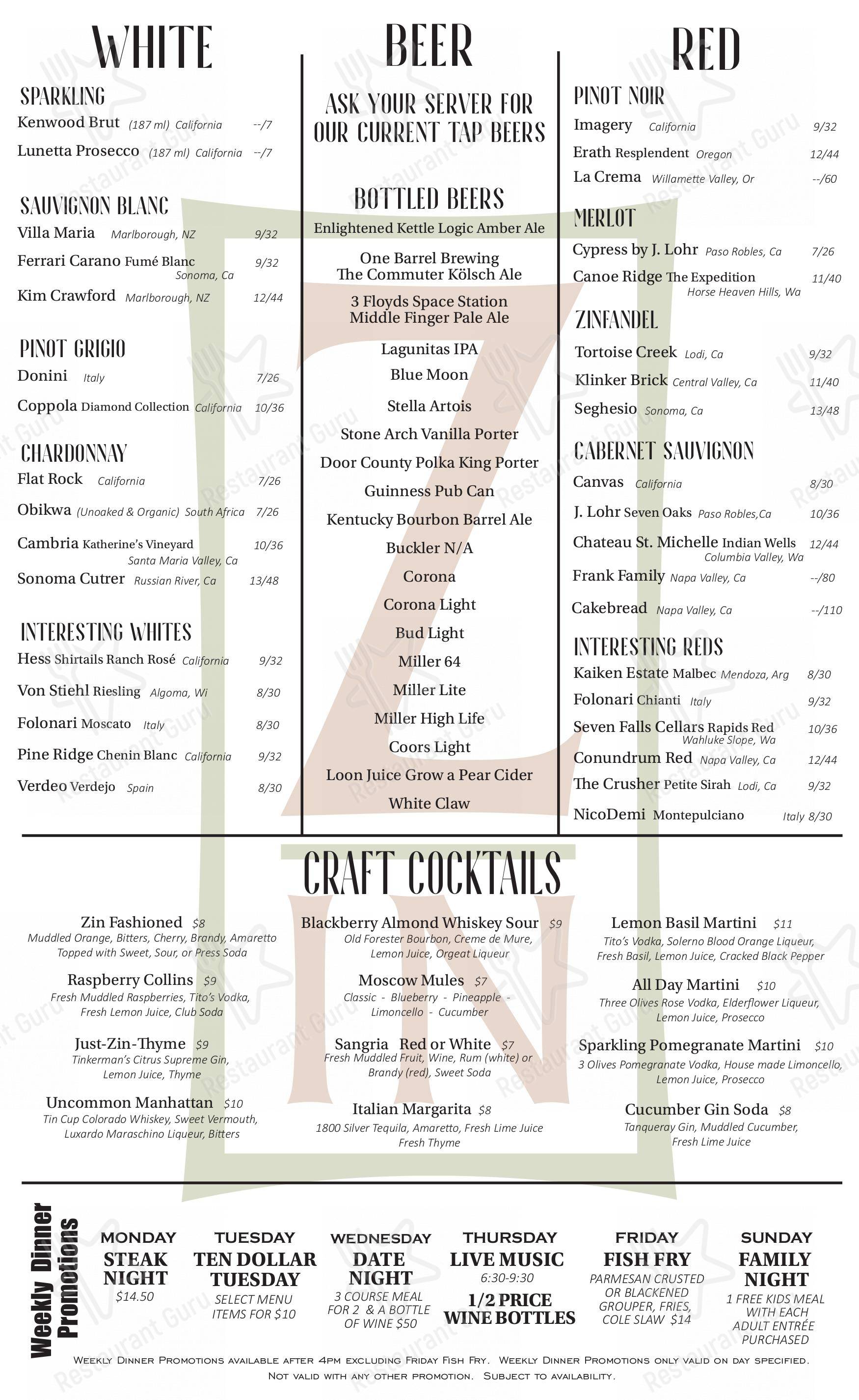 Menu at Zin - Uncommon California Italian pub & bar, Delafield