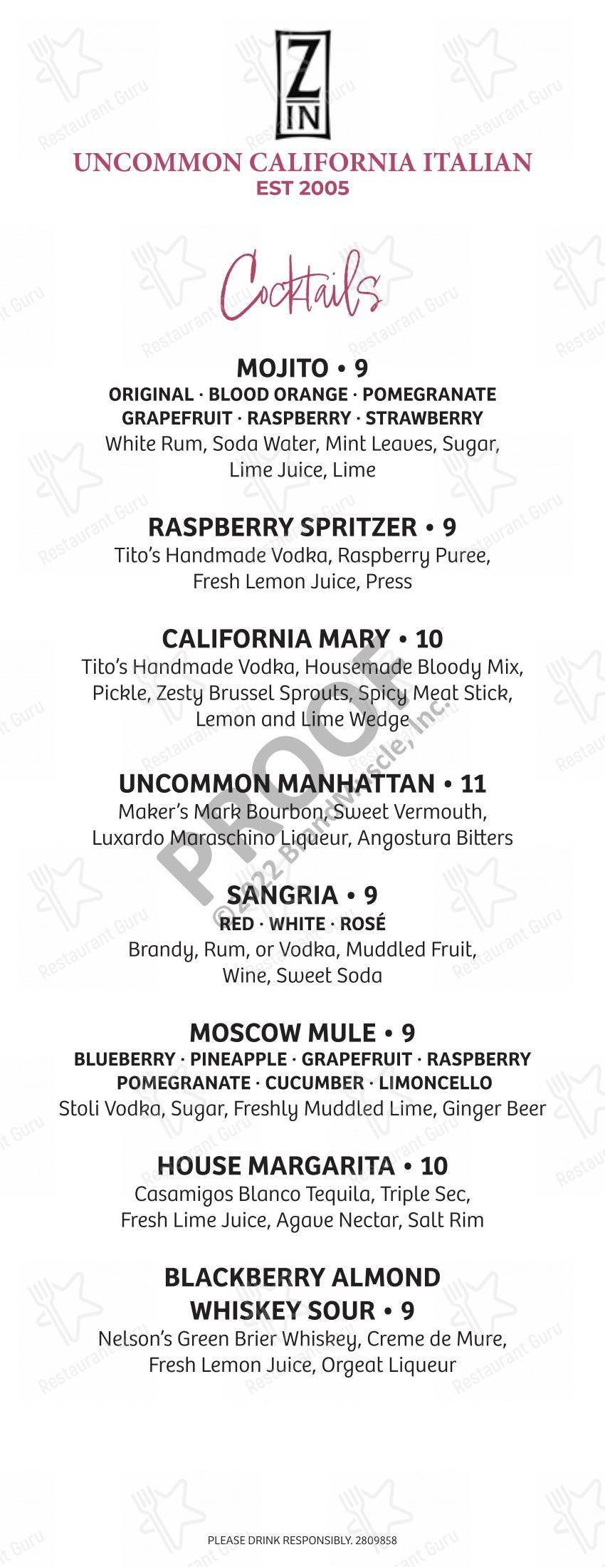 Menu at Zin - Uncommon California Italian pub & bar, Delafield