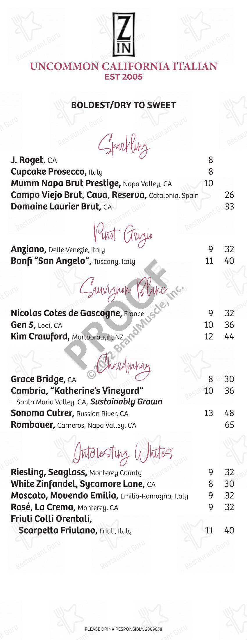 Menu at Zin - Uncommon California Italian pub & bar, Delafield