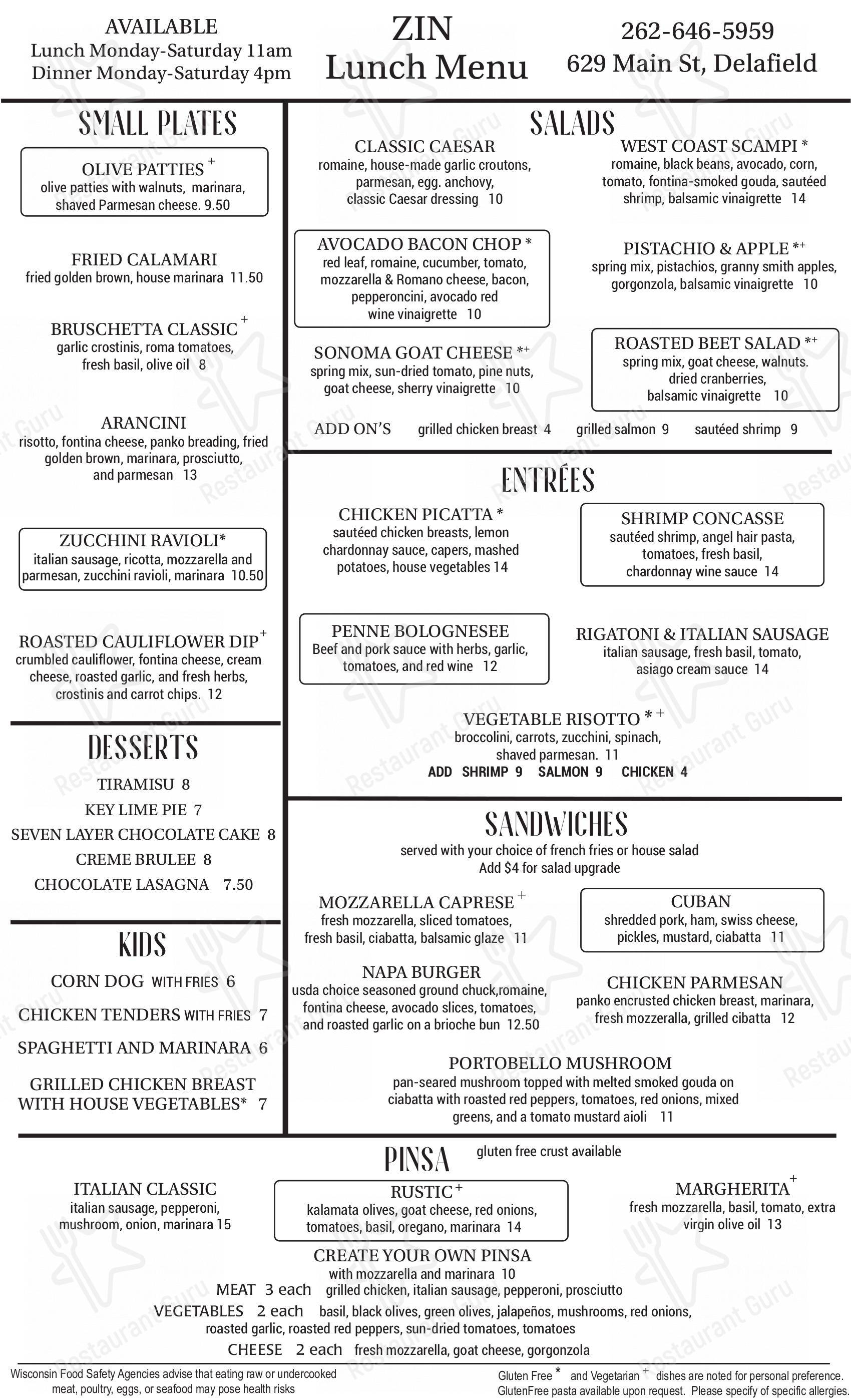 Menu at Zin - Uncommon California Italian pub & bar, Delafield