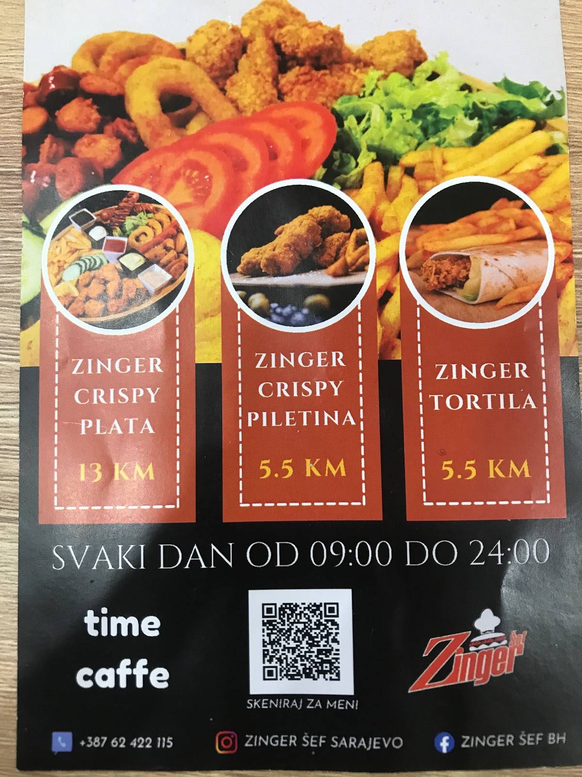 Menu at Zinger Šef restaurant, Sarajevo
