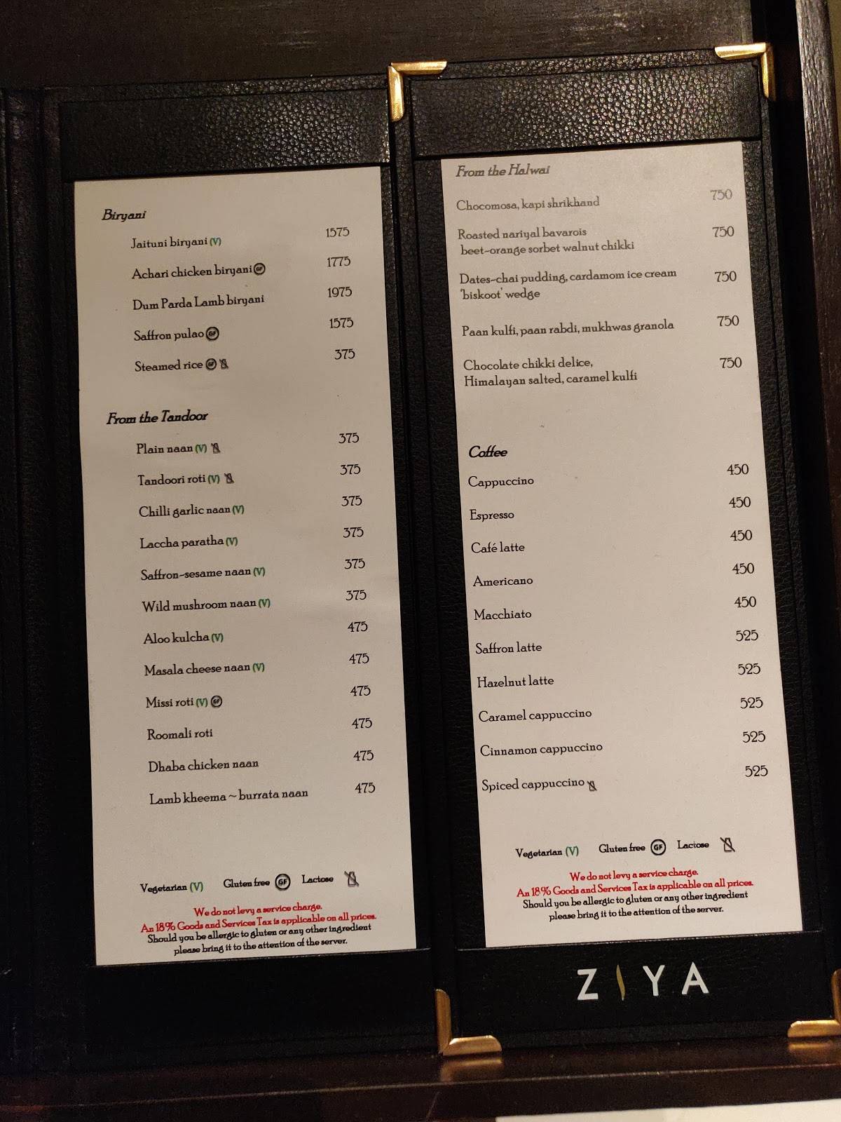 Menu at Ziya Restaurant, Mumbai, The Oberoi