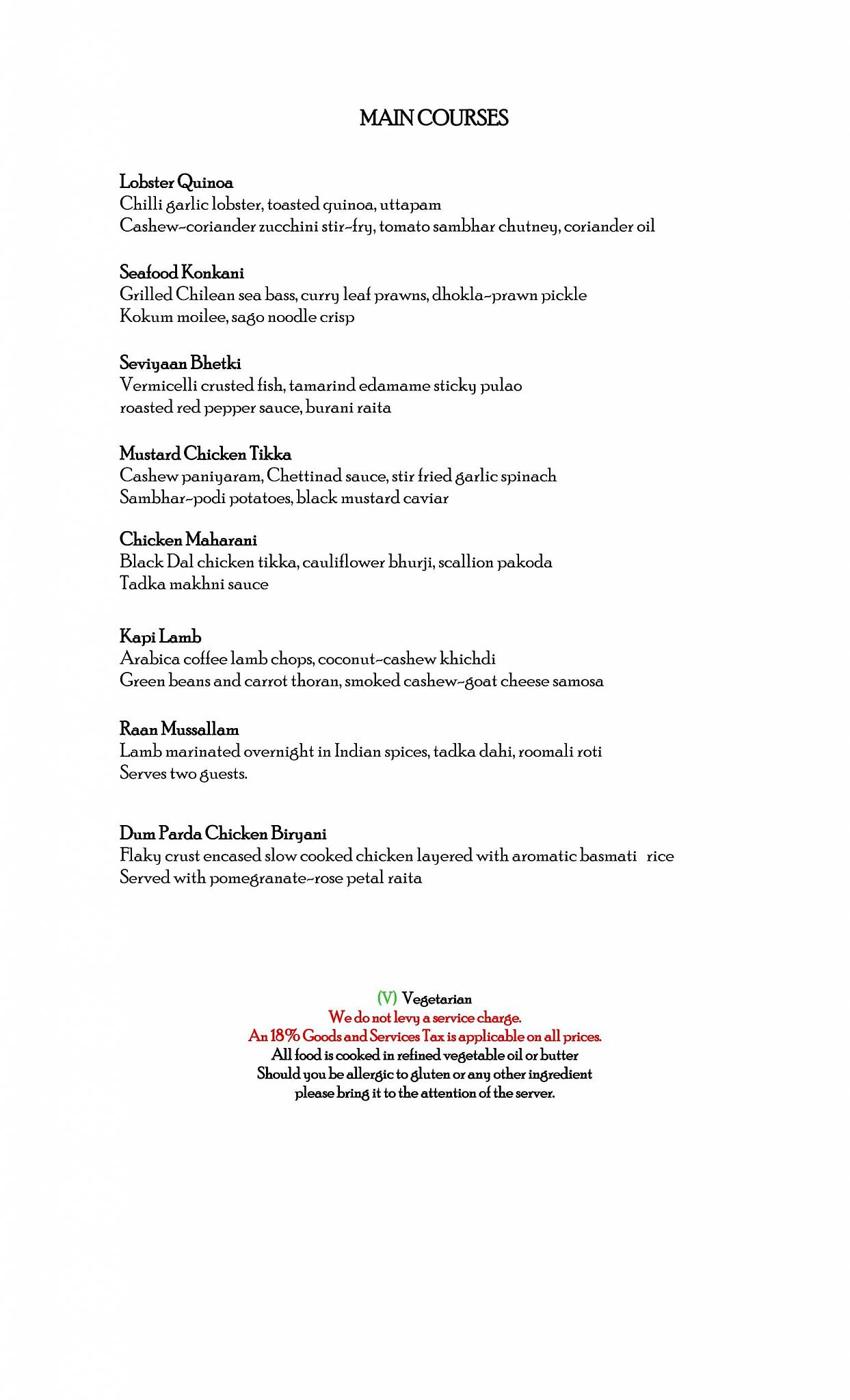 Menu at Ziya Restaurant, Mumbai, The Oberoi