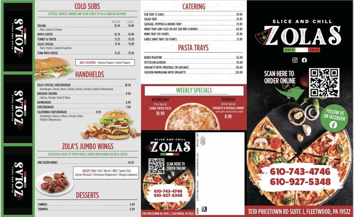 Menu at Zolas Pizzeria, Blandon