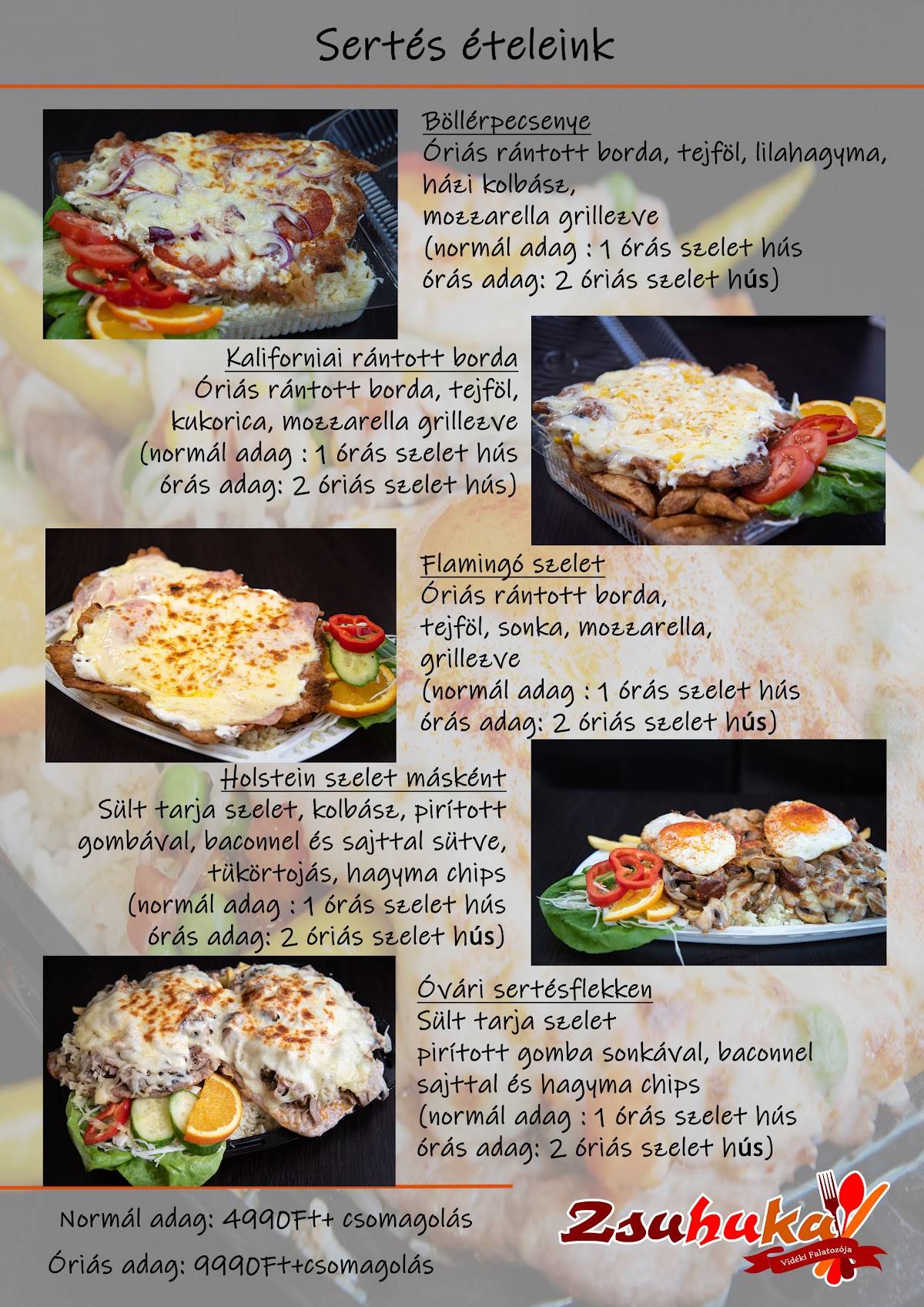 Menu at Zsuhuka Vidéki Falatozója restaurant, Görcsöny