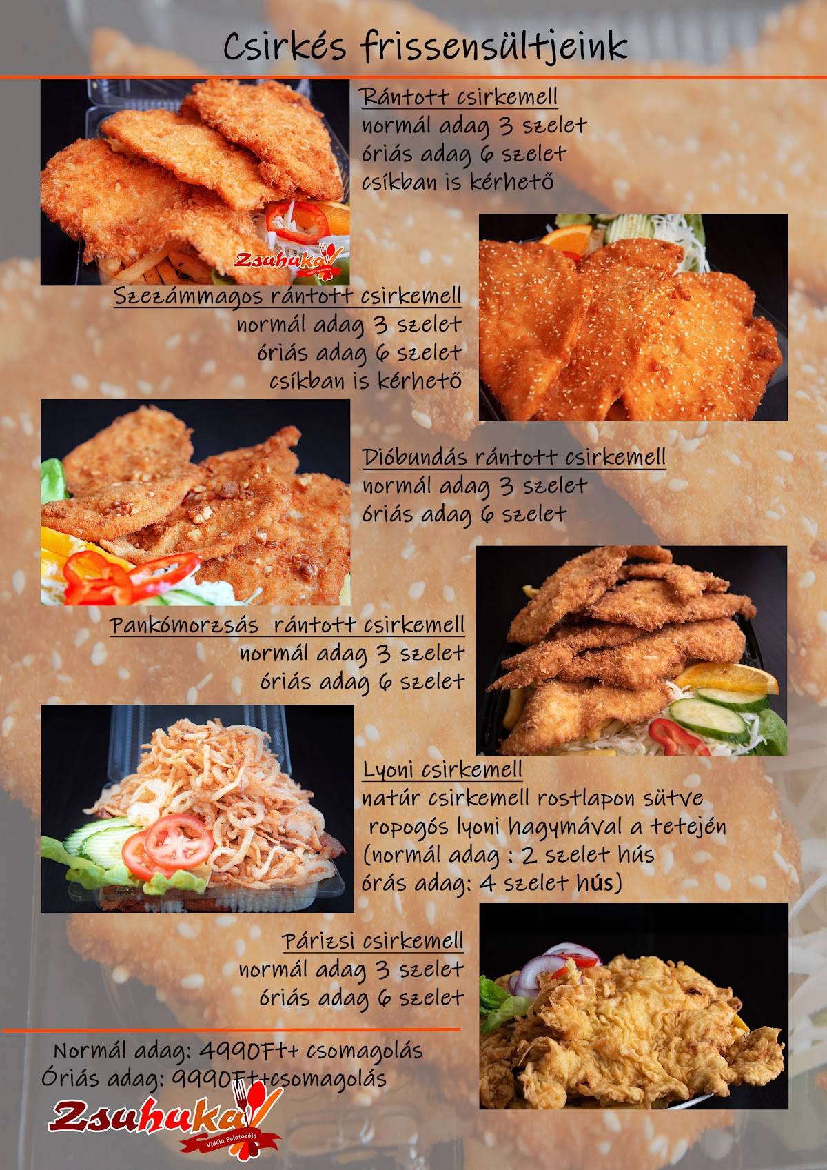 Menu at Zsuhuka Vidéki Falatozója restaurant, Görcsöny