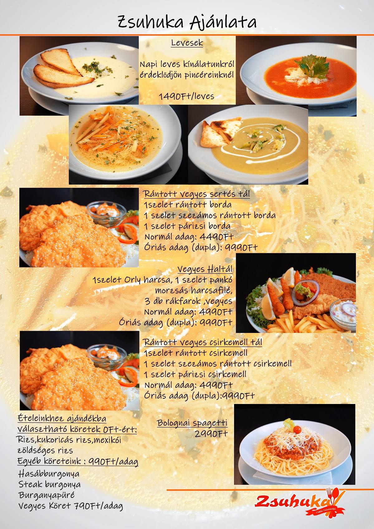 Menu at Zsuhuka Vidéki Falatozója restaurant, Görcsöny