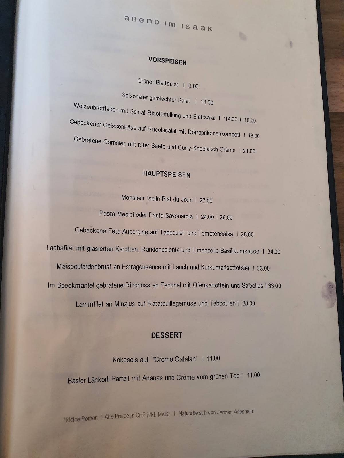 Speisekarte von Zum Isaak, Basel