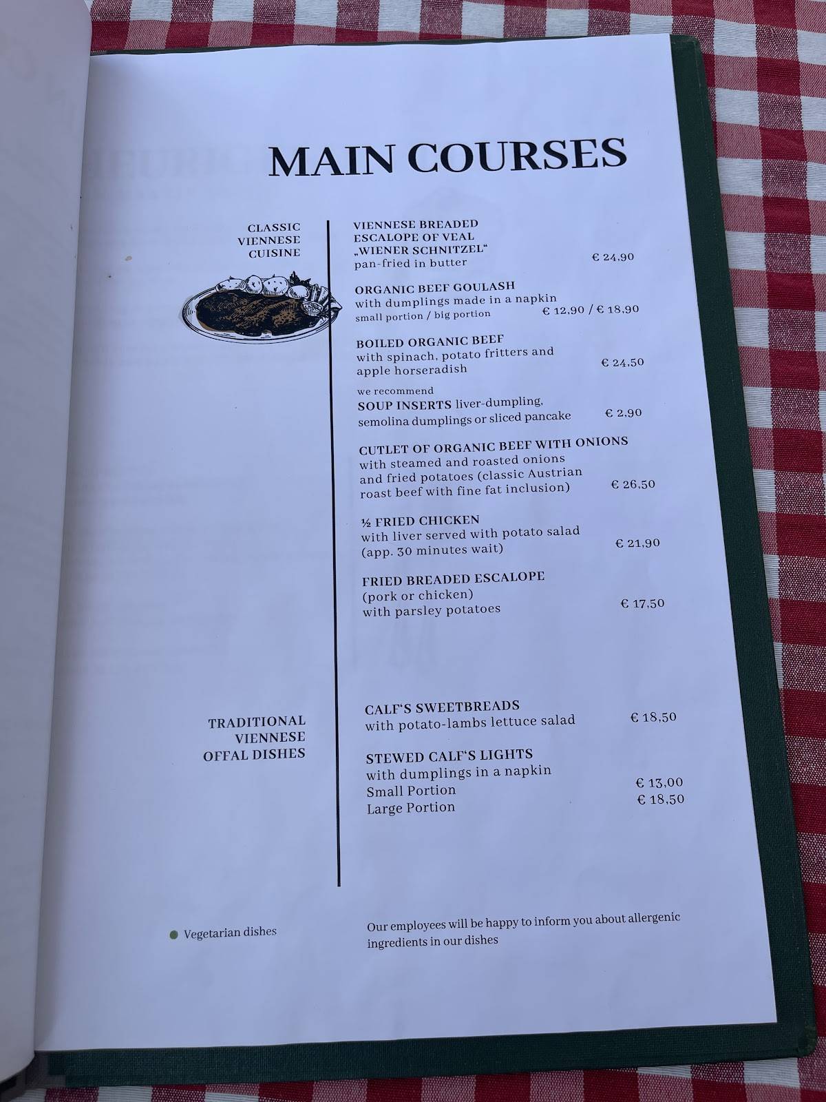 Carta del restaurante Zum Martin Sepp, Viena