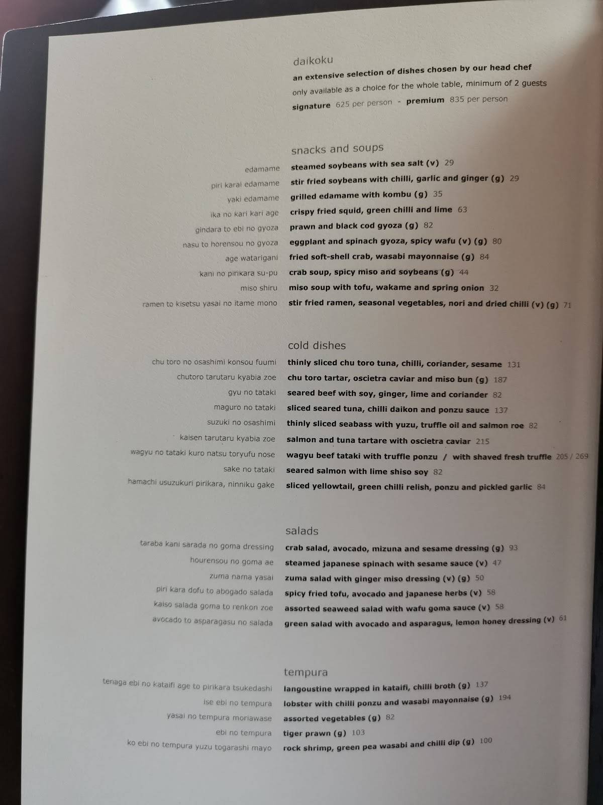 Carta del restaurante Zuma Dubai, Dubai