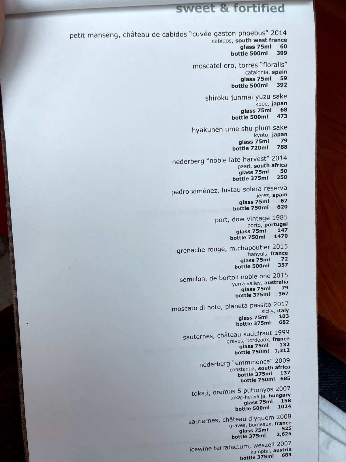 Carta del restaurante Zuma Dubai, Dubai