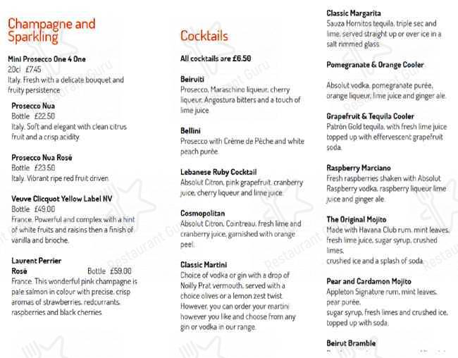 Menu at Zuzu restaurant, London