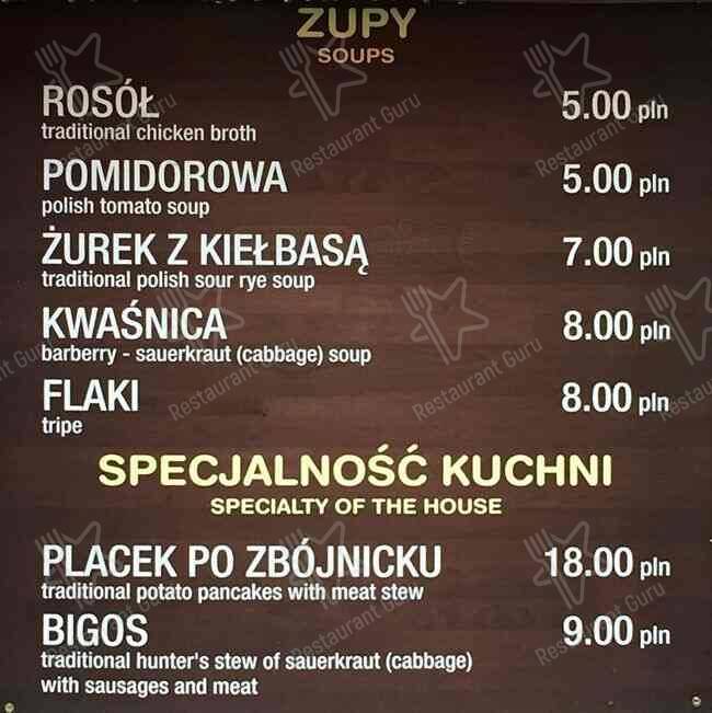 Menu at Zyk Zag pub & bar, Zakopane
