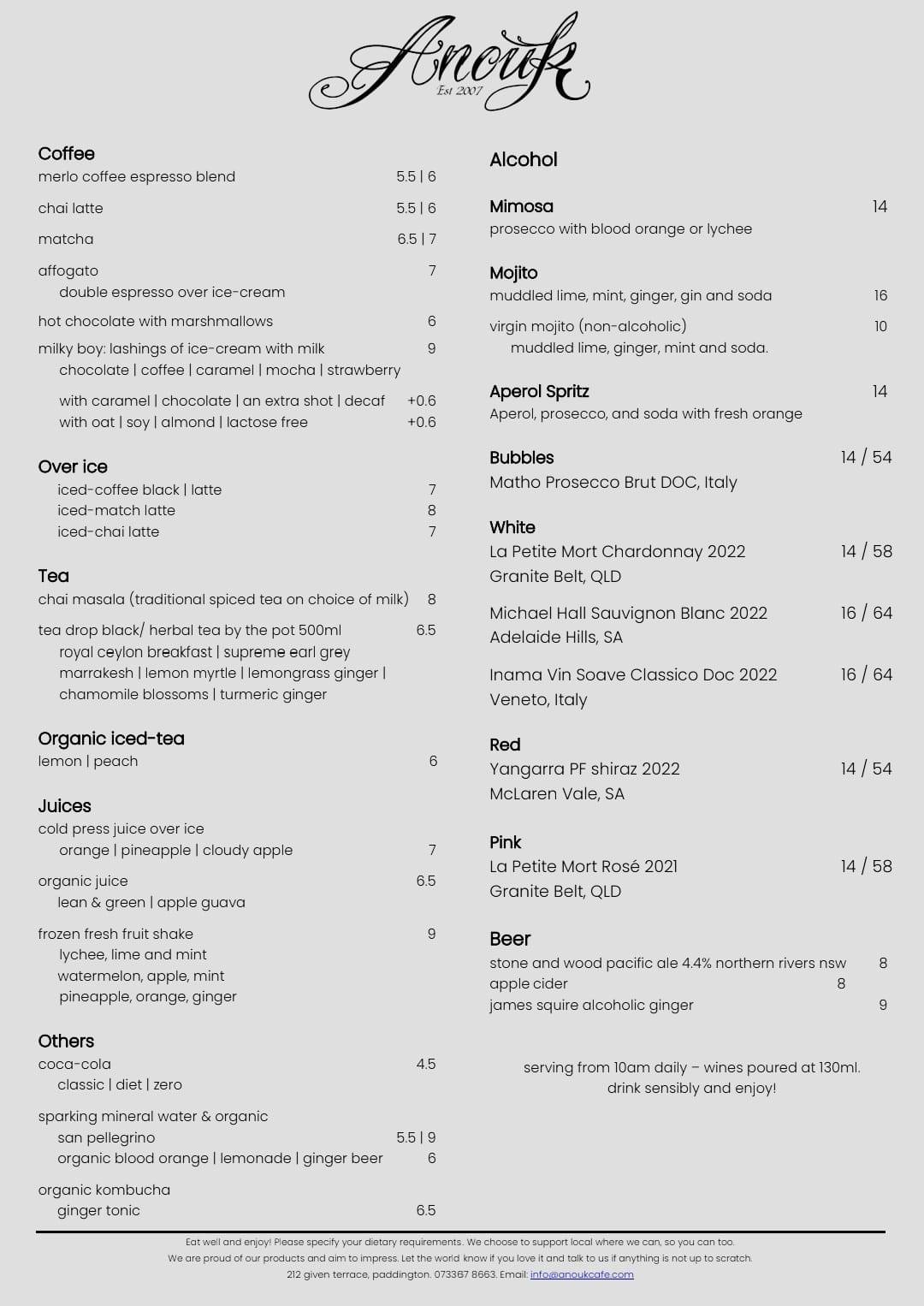 Menu at Anouk Café restaurant, Paddington
