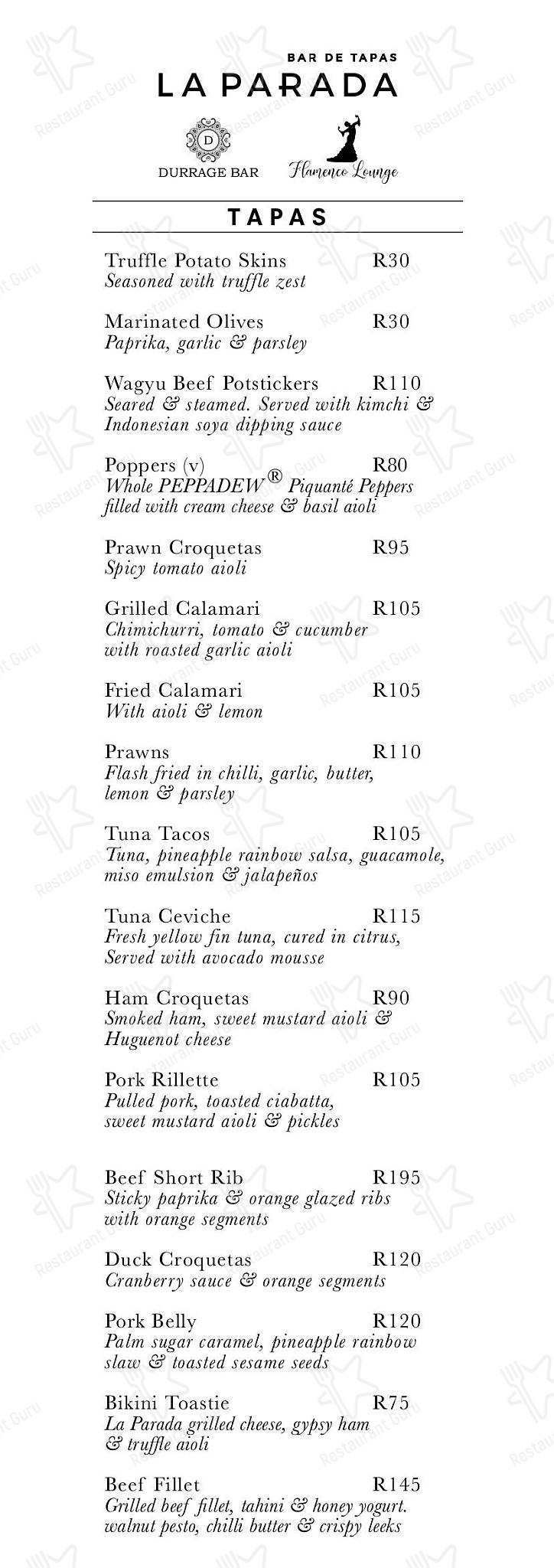 Menu at La Parada Umhlanga restaurant, Durban