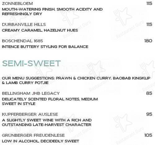 Menu at Baobab Cafe & Grill, Pretoria, Menlyn Shopping Centre