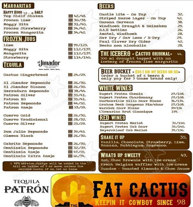 Menu at The Fat Cactus Gardens restaurant, Cape Town, 5 Park Rd