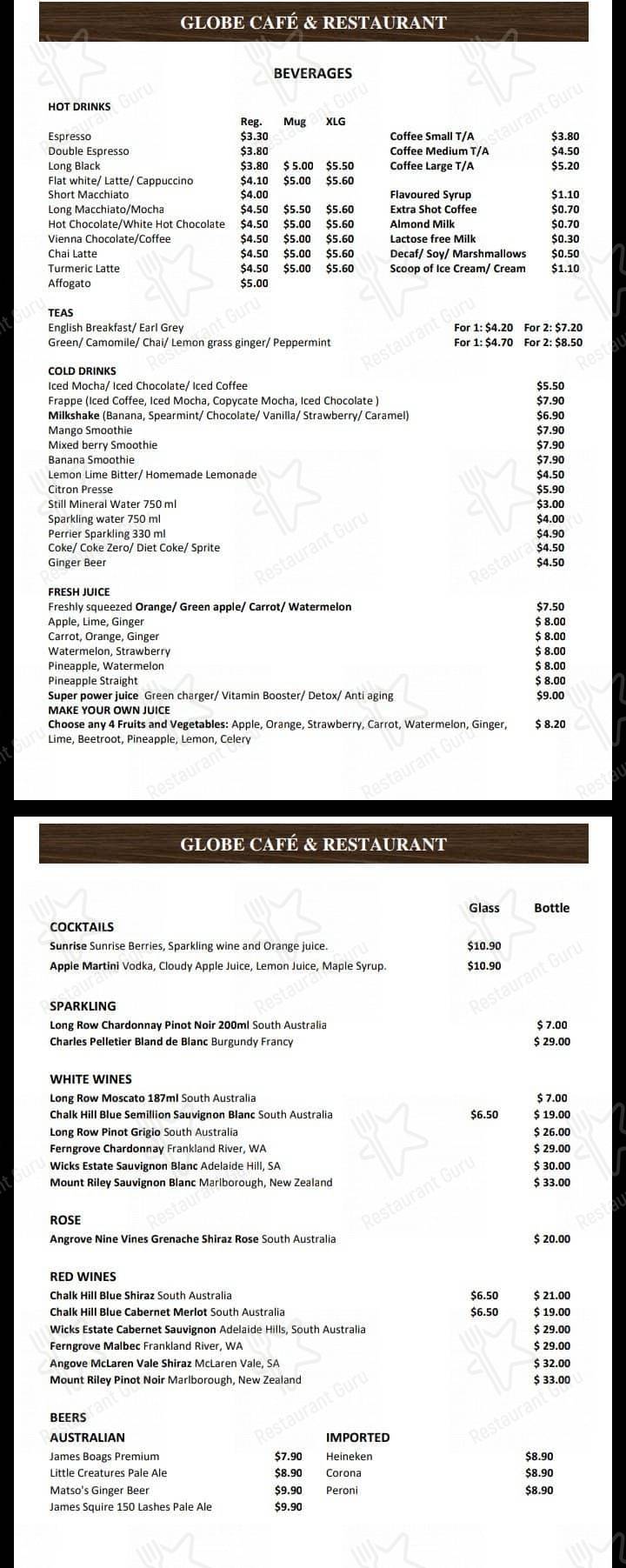 Menu at Globe Coffee House Patisserie & Restaurant, South Perth