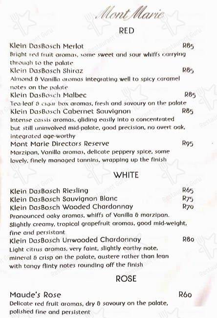 Menu at Mont Marie Restaurant, Stellenbosch