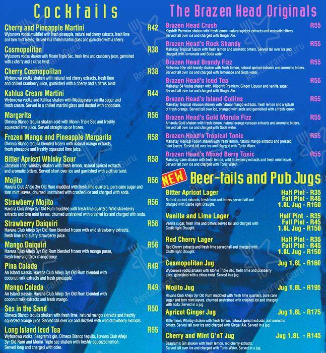 Carta de The Brazen Head Restaurant - Florida Glen, Roodepoort, cnr ...