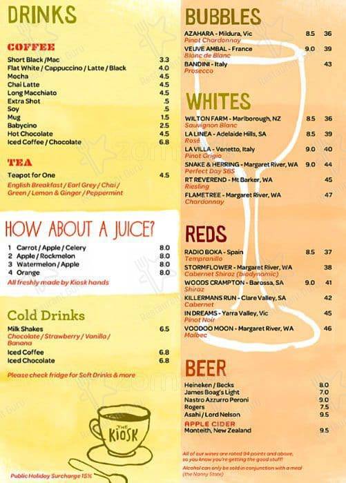 Menu at The Kiosk Floreat Beach cafe, City Beach