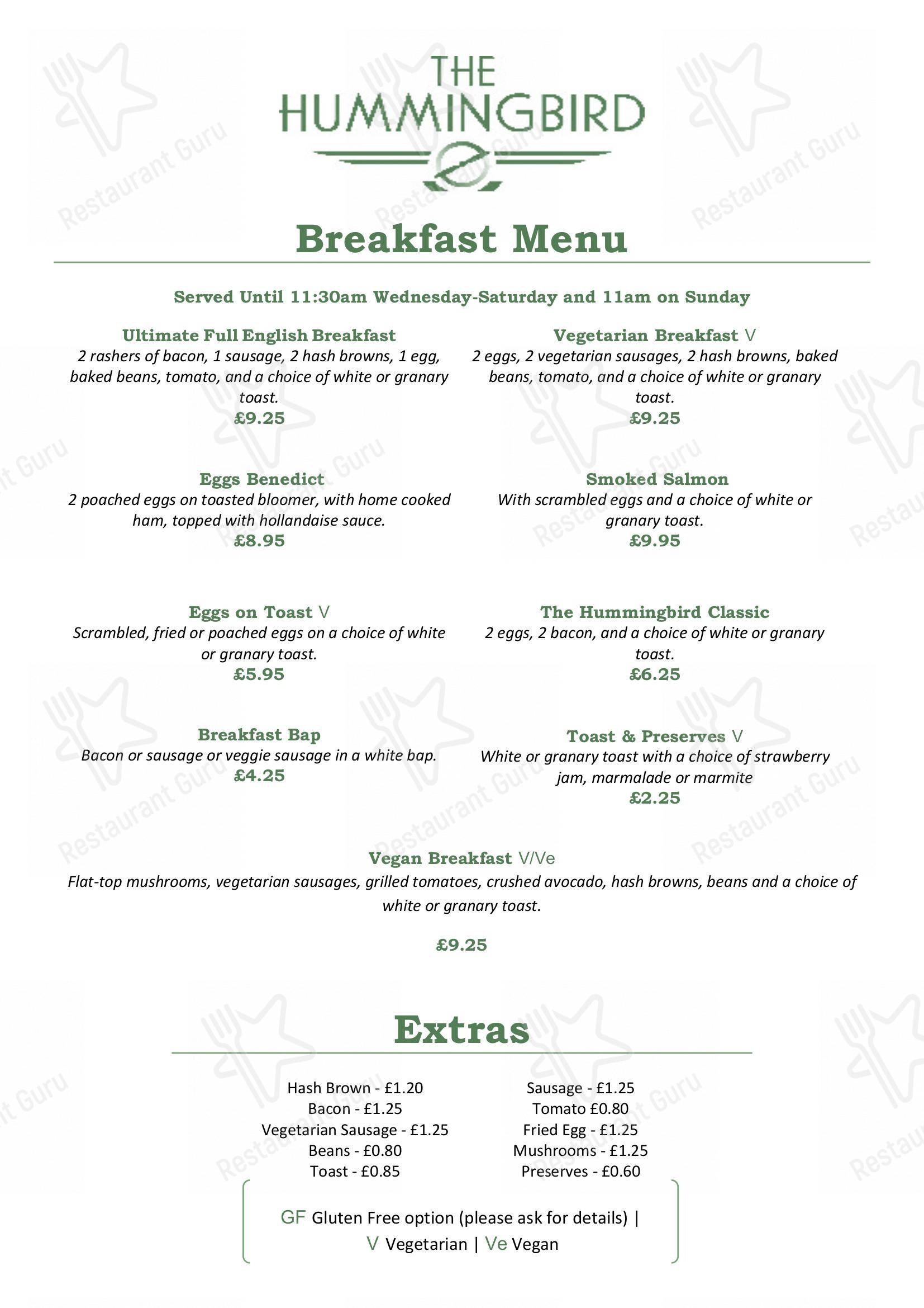 Menu at Hummingbird Restaurant, Shoreham-by-Sea
