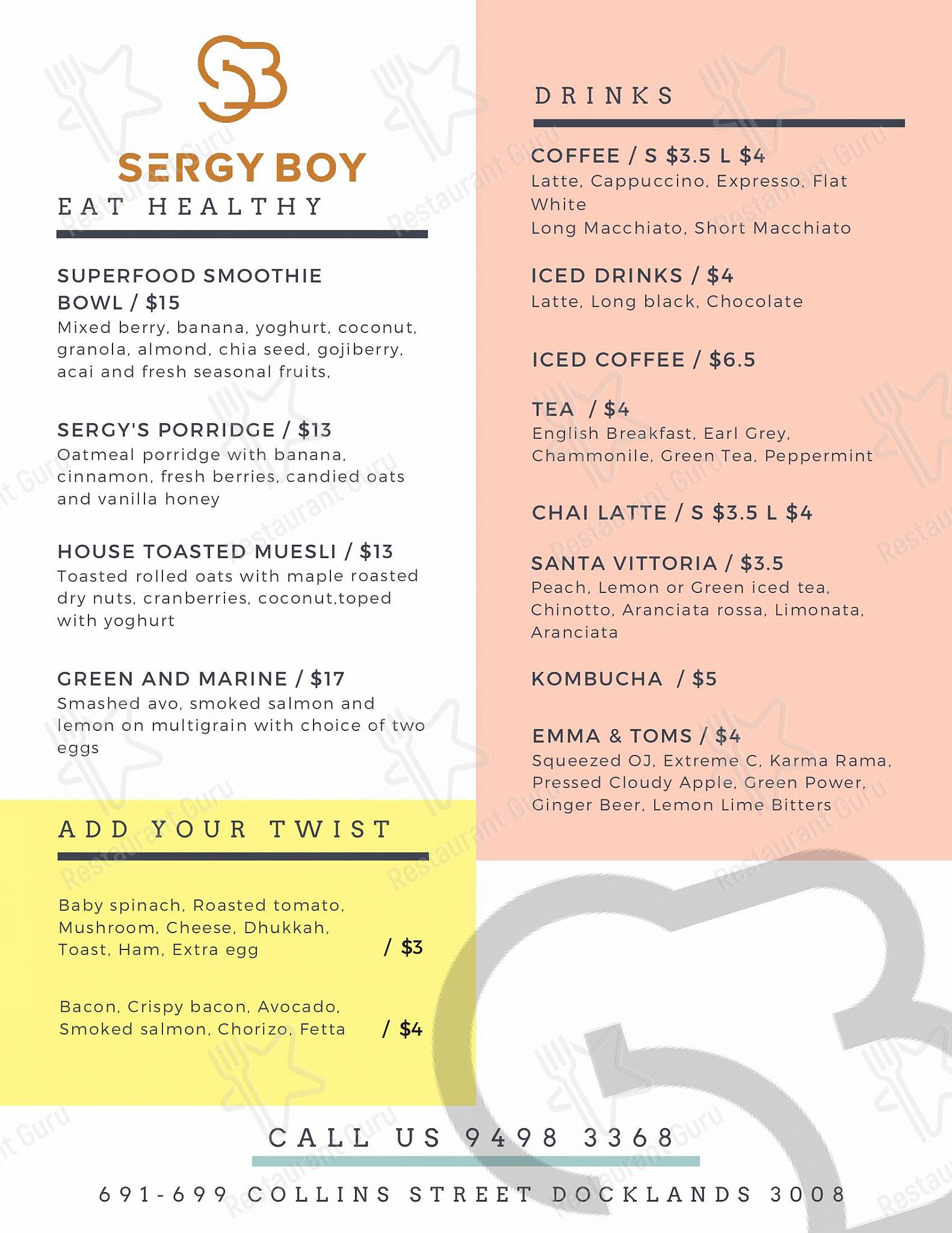 Menu at Sergy Boy cafe, Melbourne