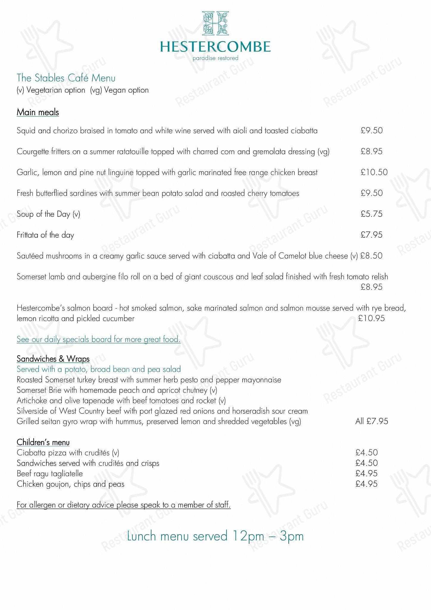 Menu at Hestercombe House & Gardens cafe, Taunton