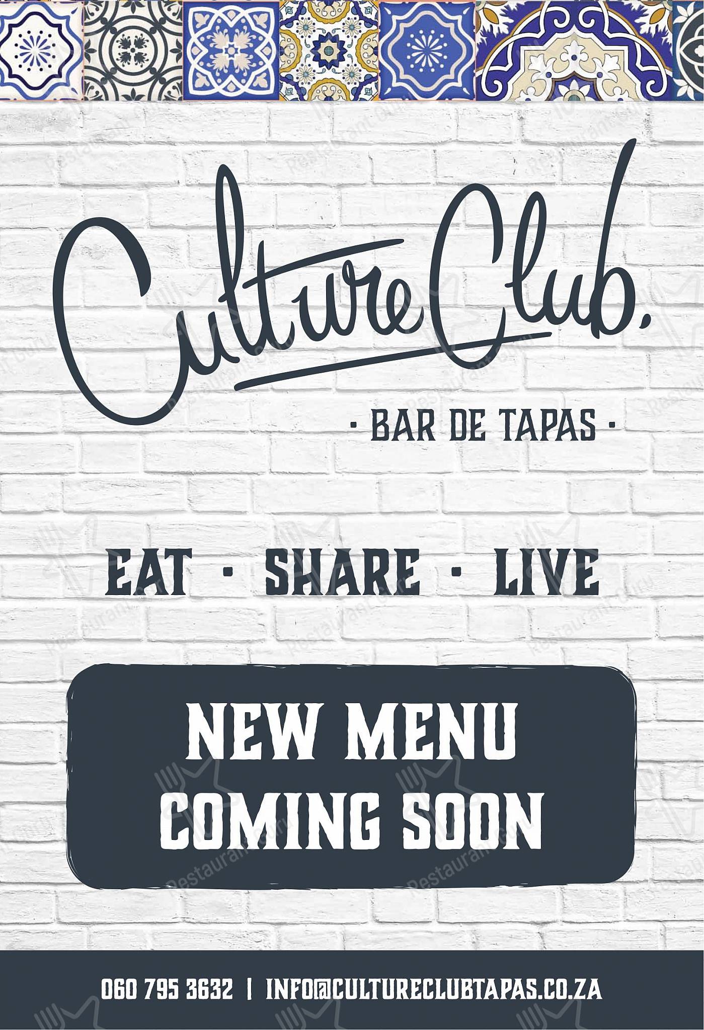 Menu at Culture Club, Pretoria