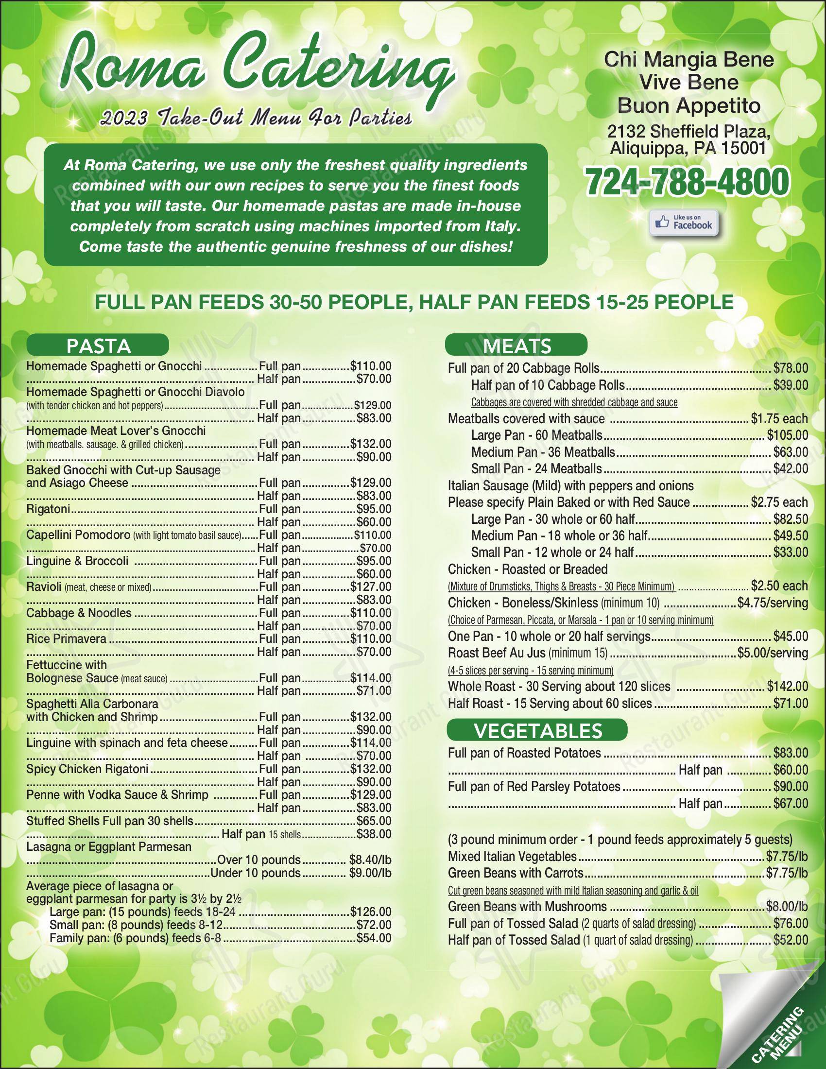 Menu at Roma Catering Aliquippa PA restaurant, Aliquippa