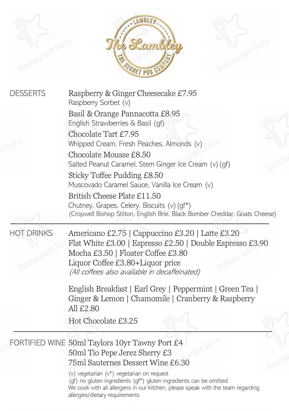 Menu at The Lambley restaurant, Nottingham