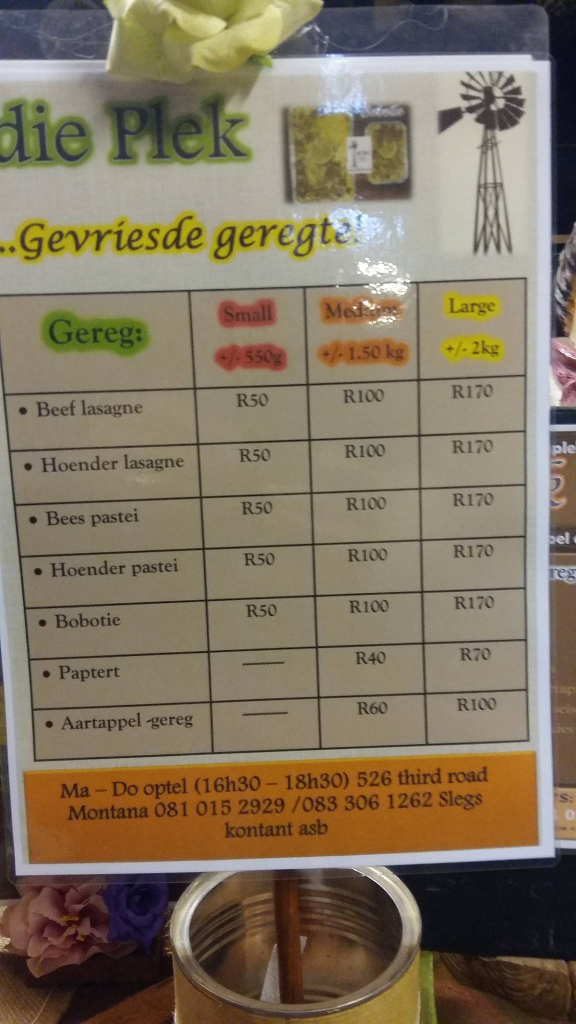 Menu at die Plek venue/Restaurant, Pretoria