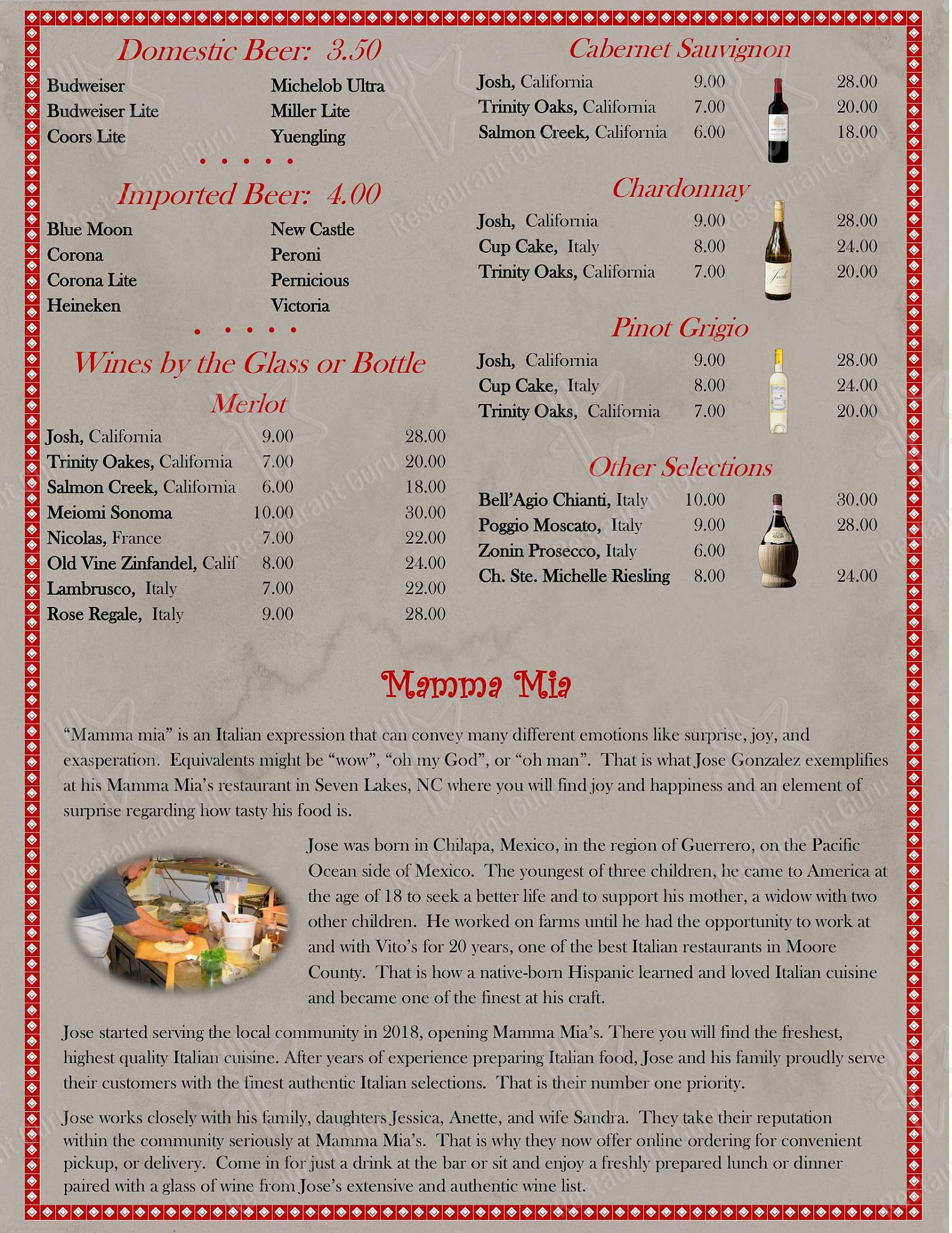 Menu at Mamma Mia's Pizza and Pasta pizzeria, West End
