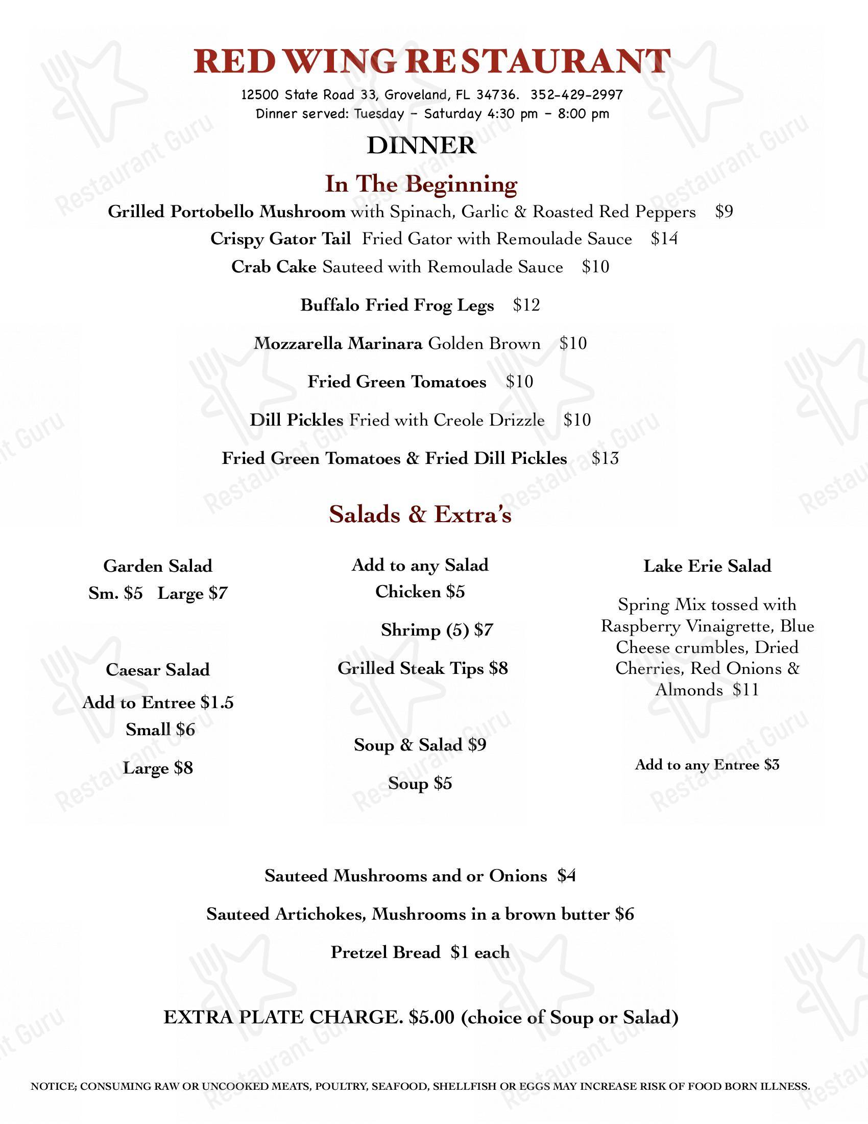Menu at Red Wing Restaurant, Groveland