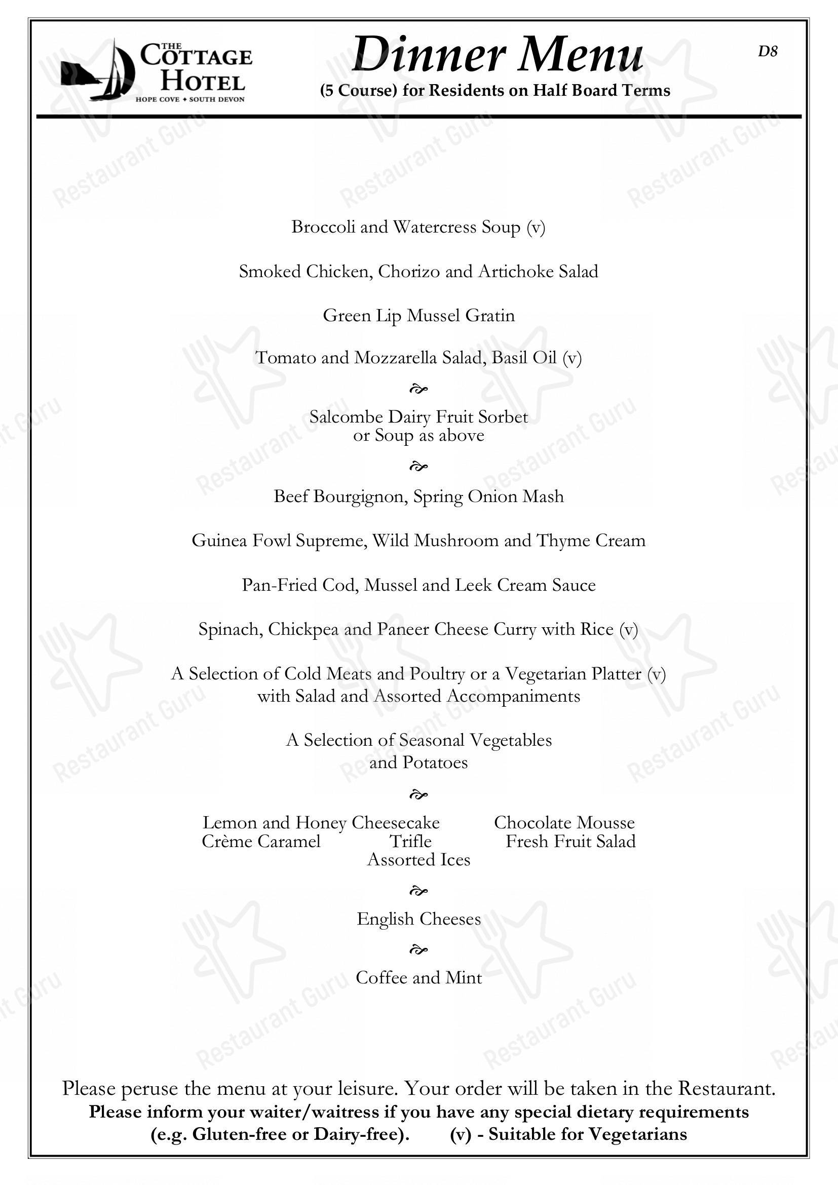 Menu at The Cottage Hotel Restaurant, Hope Cove