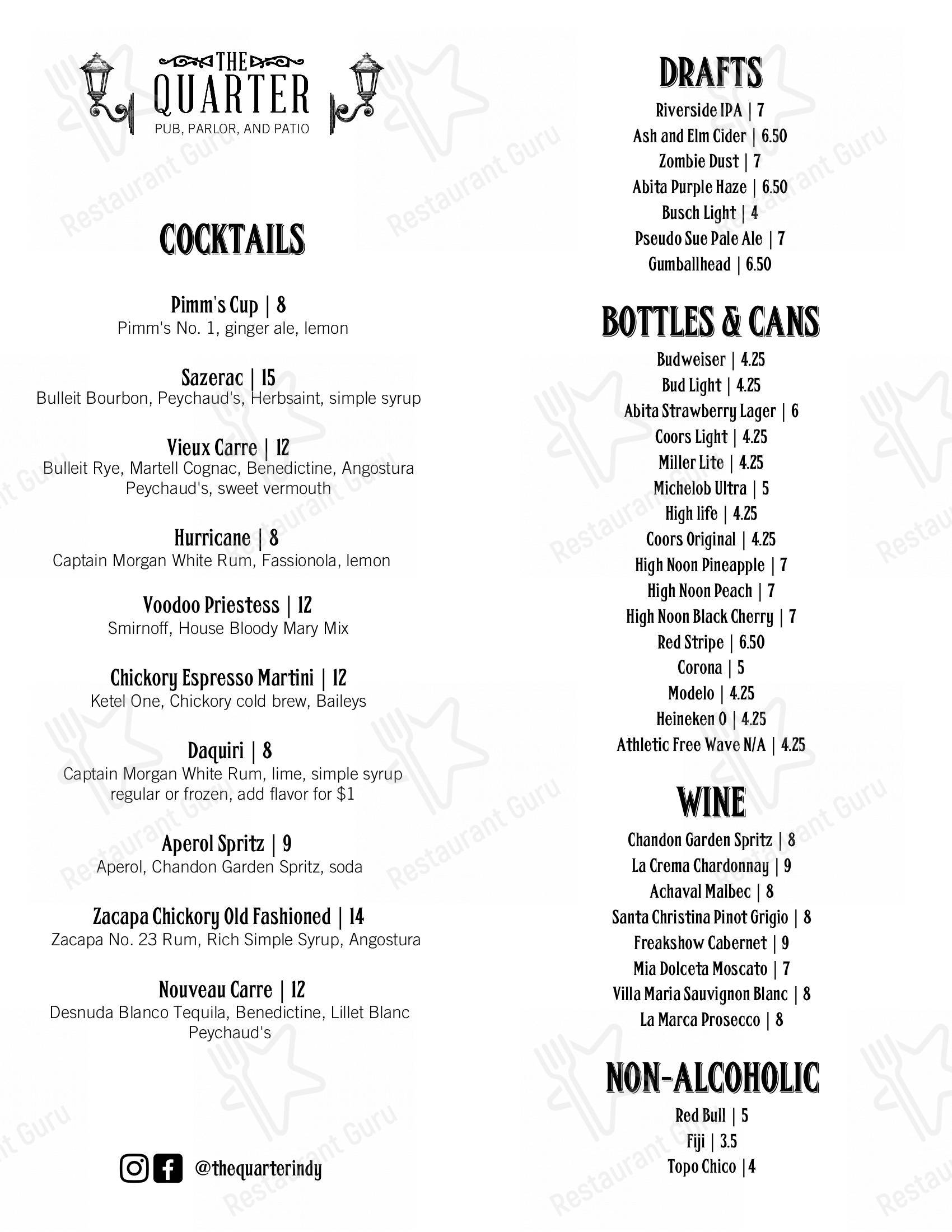Menu at The Quarter pub & bar, Indianapolis