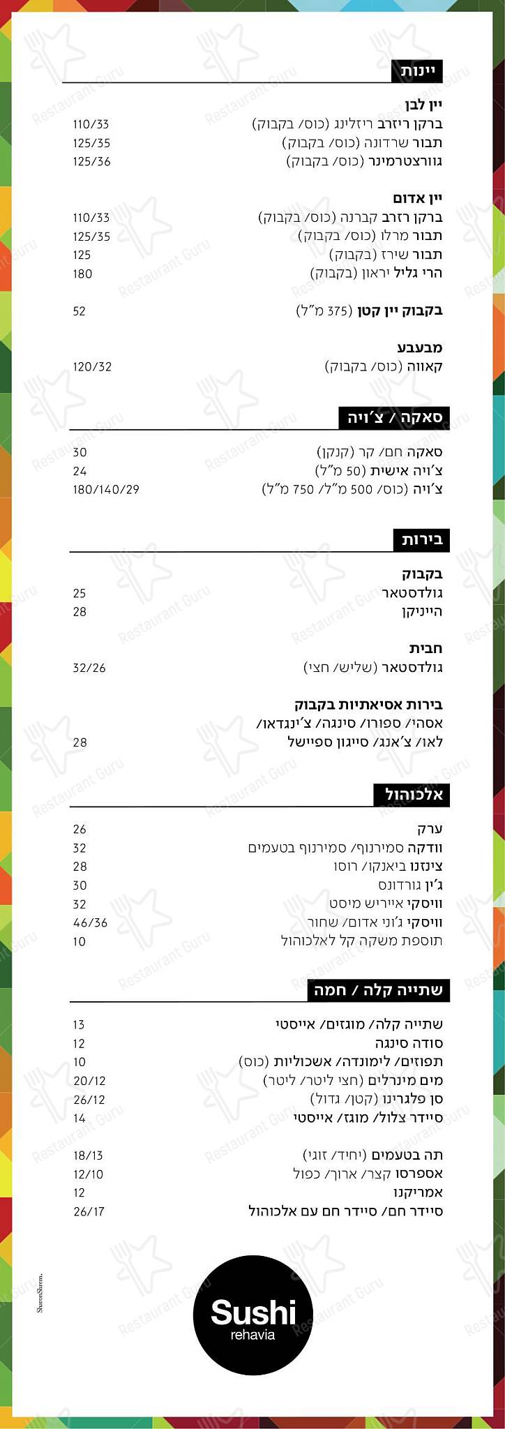 Menu at Sushi Rehavia restaurant, Jerusalem, Rabbi Akiva St 6