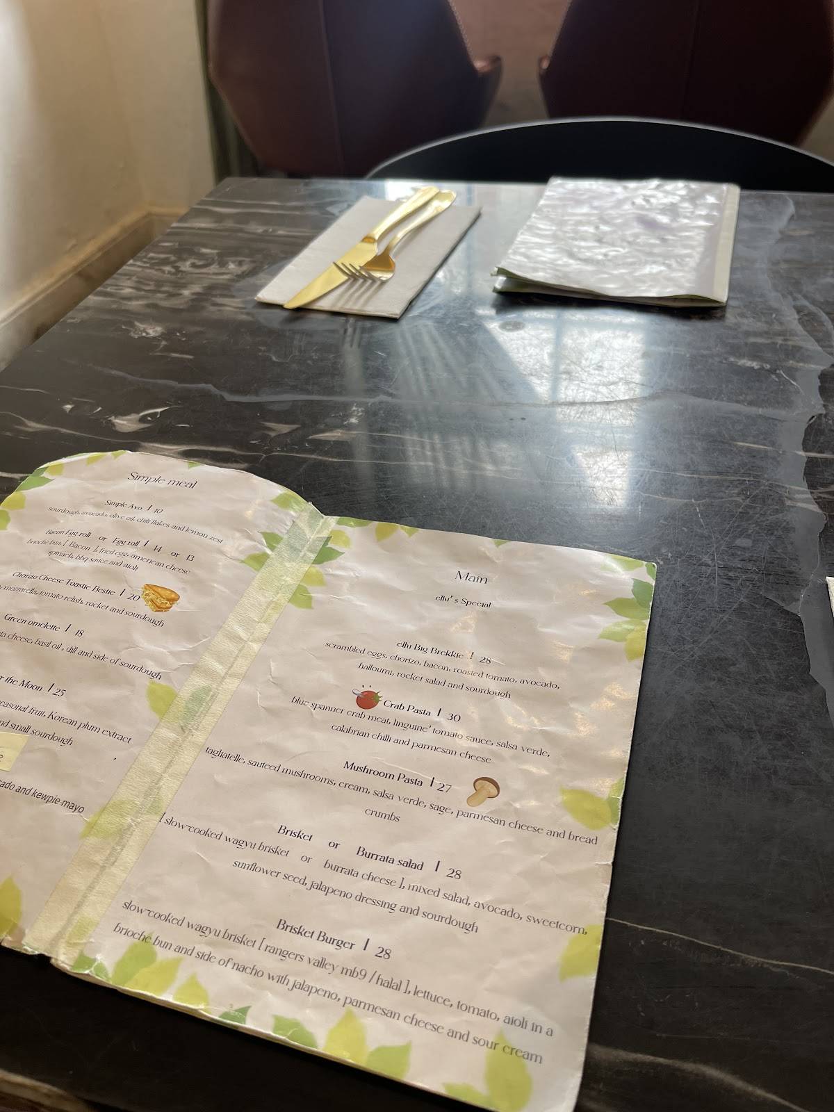 Menu at ellu cafe, Surry Hills
