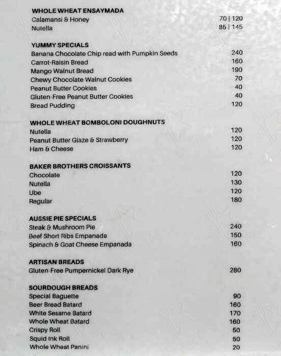 Menu at Baker Brothers, Taguig