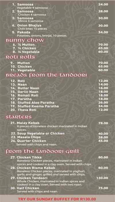 Menu at BANJAARA INDIAN RESTAURANT, Roodepoort, Florida Junction