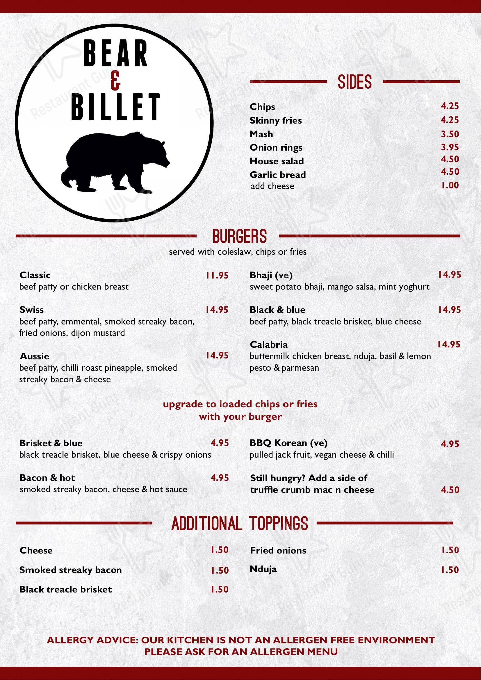 Menu at Bear & Billet pub & bar, Chester