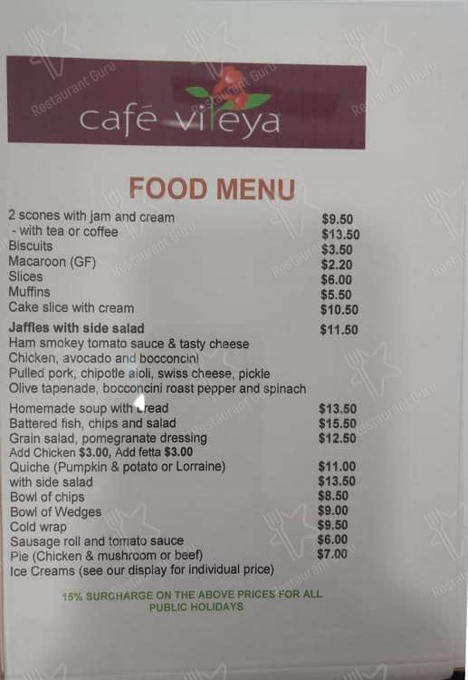 Menu at Cafe Vireya, Olinda