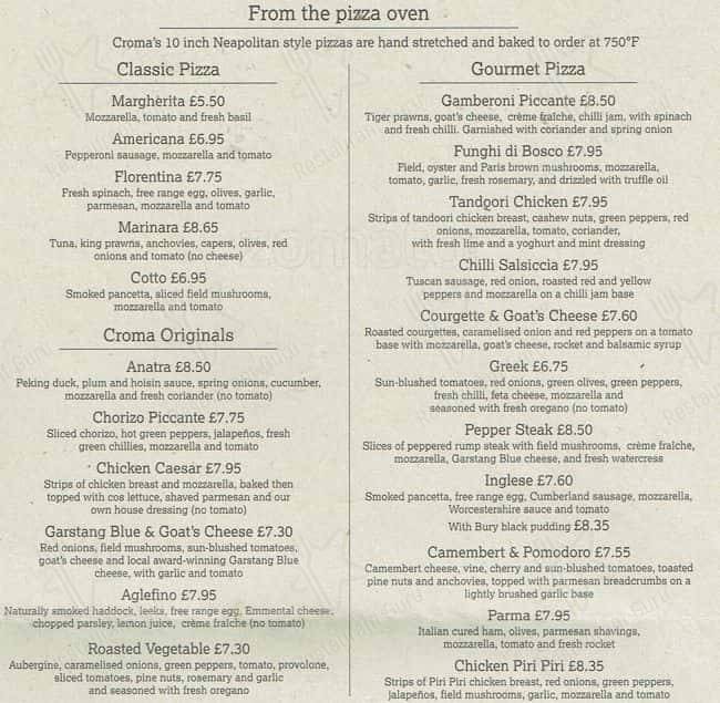 Menu at Croma Prestwich restaurant, Manchester, 30 Longfield Centre