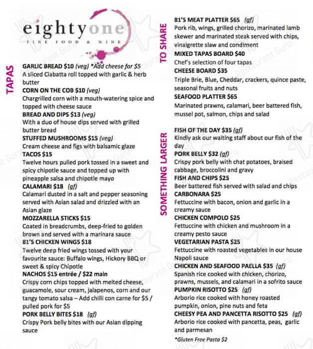 Menu at 81 Bistro & Taphouse restaurant, Berwick