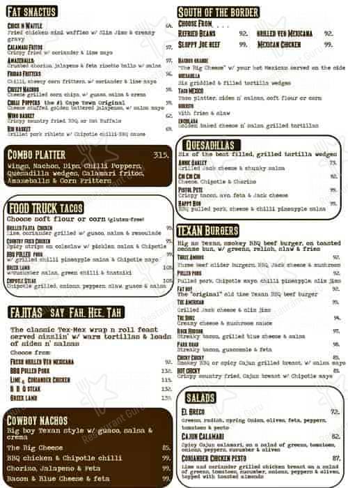 Menu at The Fat Cactus Gardens restaurant, Cape Town, 5 Park Rd